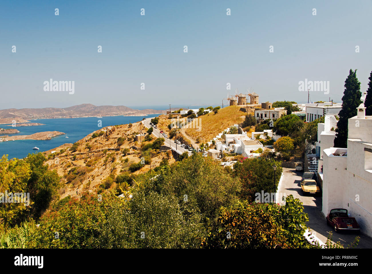 A panorama view of streets and ancient houses in the island of Patmos ...