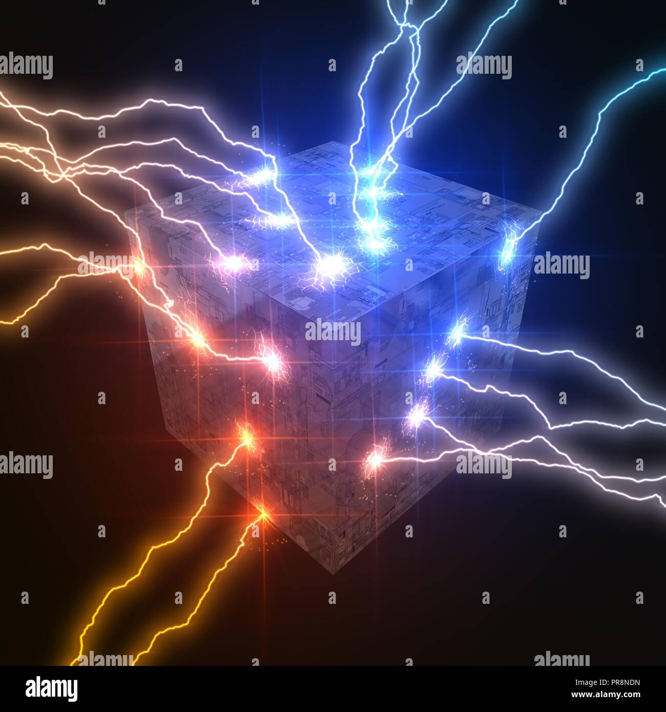 powerful lightning strikes on cube and makes cracks on surface of ...