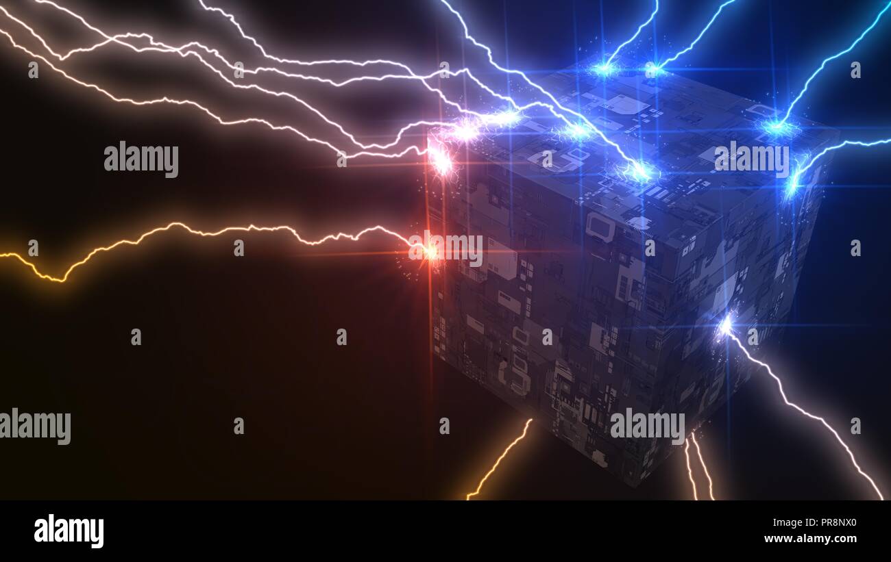 powerful lightning strikes on cube and makes cracks on surface of ...