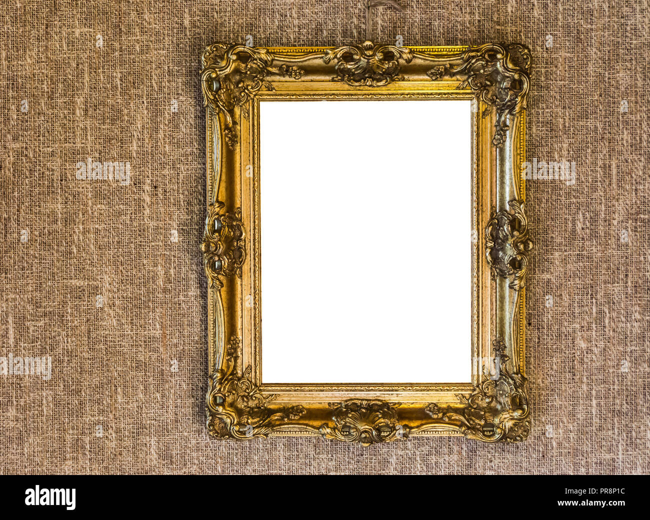 empty expensive looking antique golden painting frame work hanging on a ...