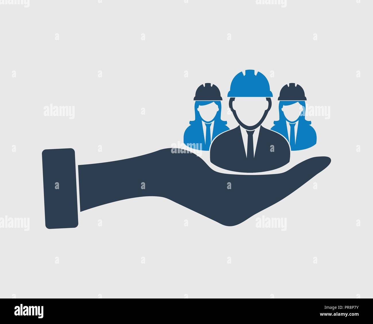 Provide Worker facility icon. Male and female engineer symbol on hand ...