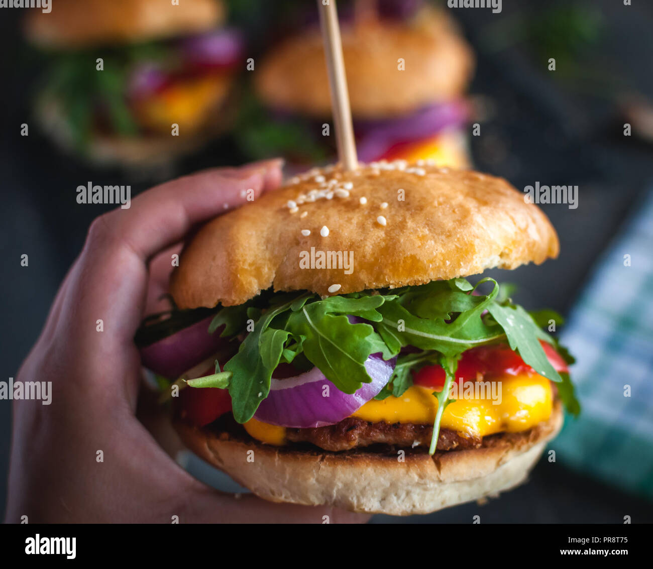 Close-up of hand holding homemade fresh burger Stock Photo - Alamy