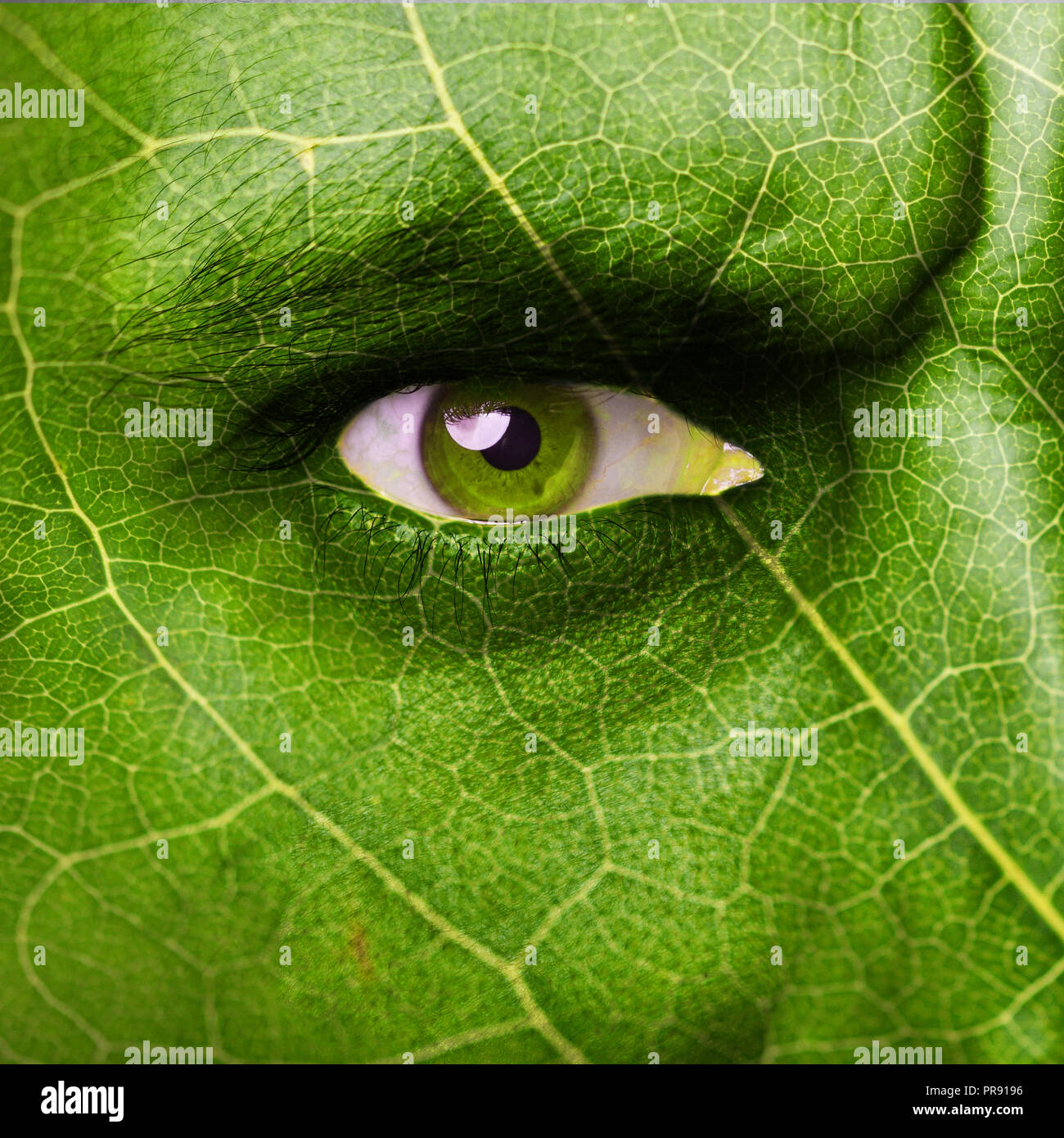 Leaf texture on human face. Ecology concept Stock Photo - Alamy