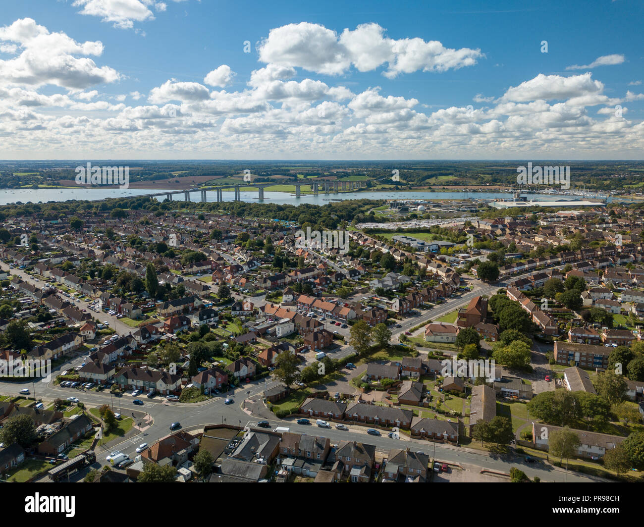 Vertical panoramic aerial view of suburban houses in Ipswich, UK ...