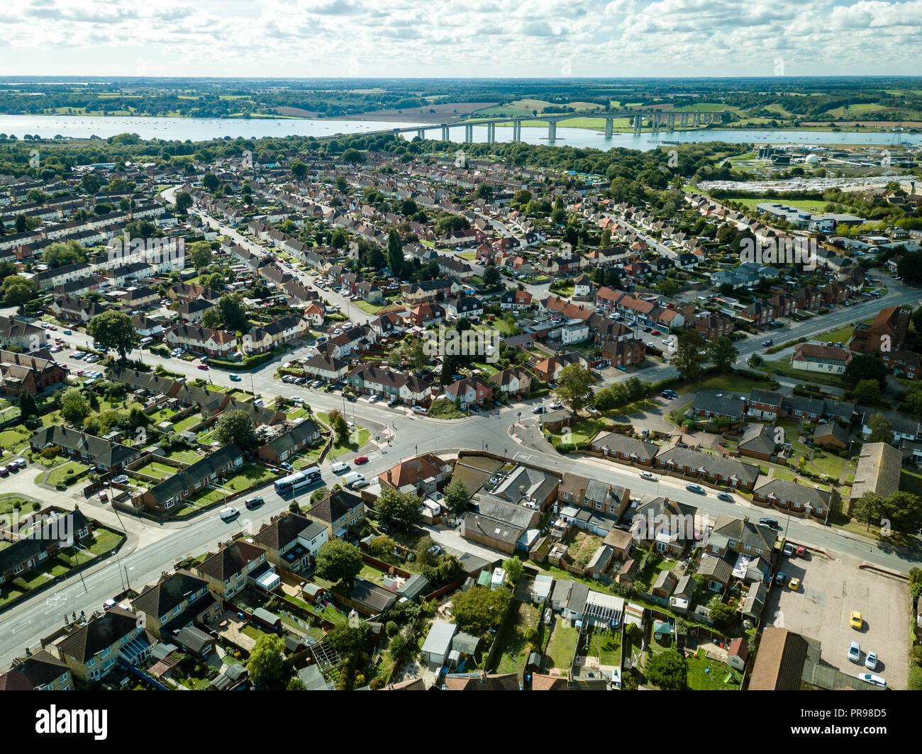 Vertical panoramic aerial view of suburban houses in Ipswich, UK ...