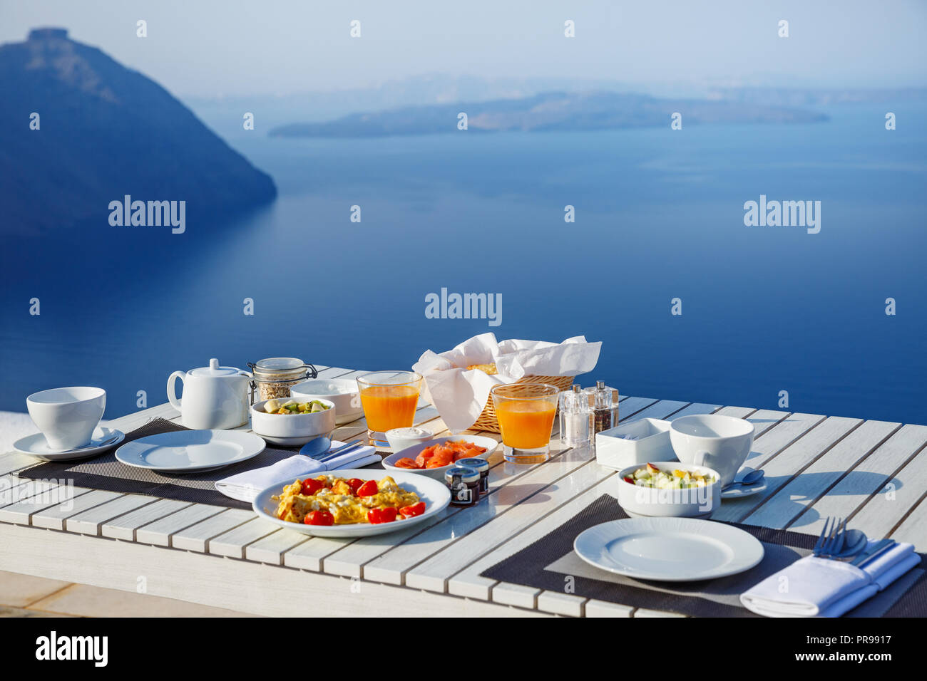 Fresh Breakfast in a beautiful location with sea views Stock Photo - Alamy