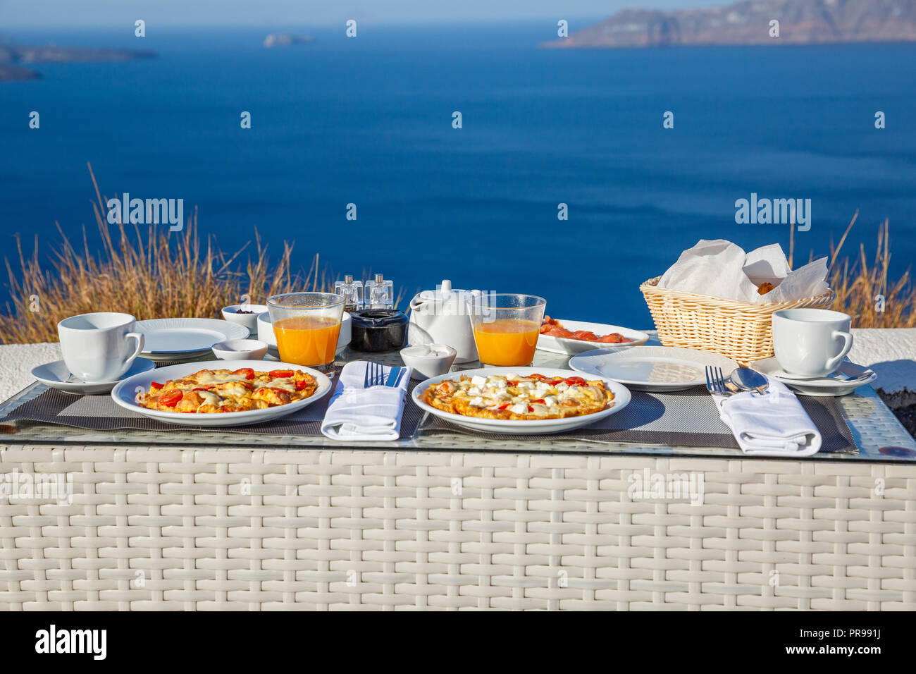 Fresh Breakfast in a beautiful location with sea views Stock Photo - Alamy