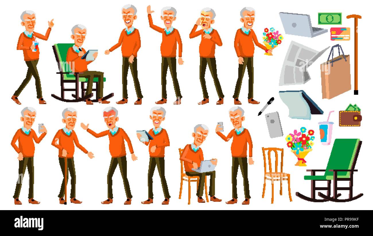 Old Man Poses Set Vector. Asian. Elderly People. Senior Person. Aged. Positive Pensioner ...