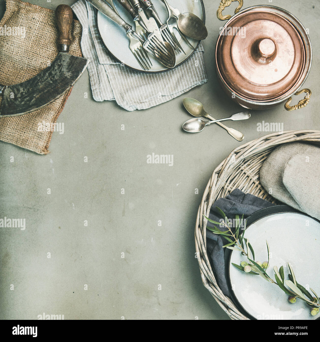 Food cooking minimalistic background over grey background, square crop ...