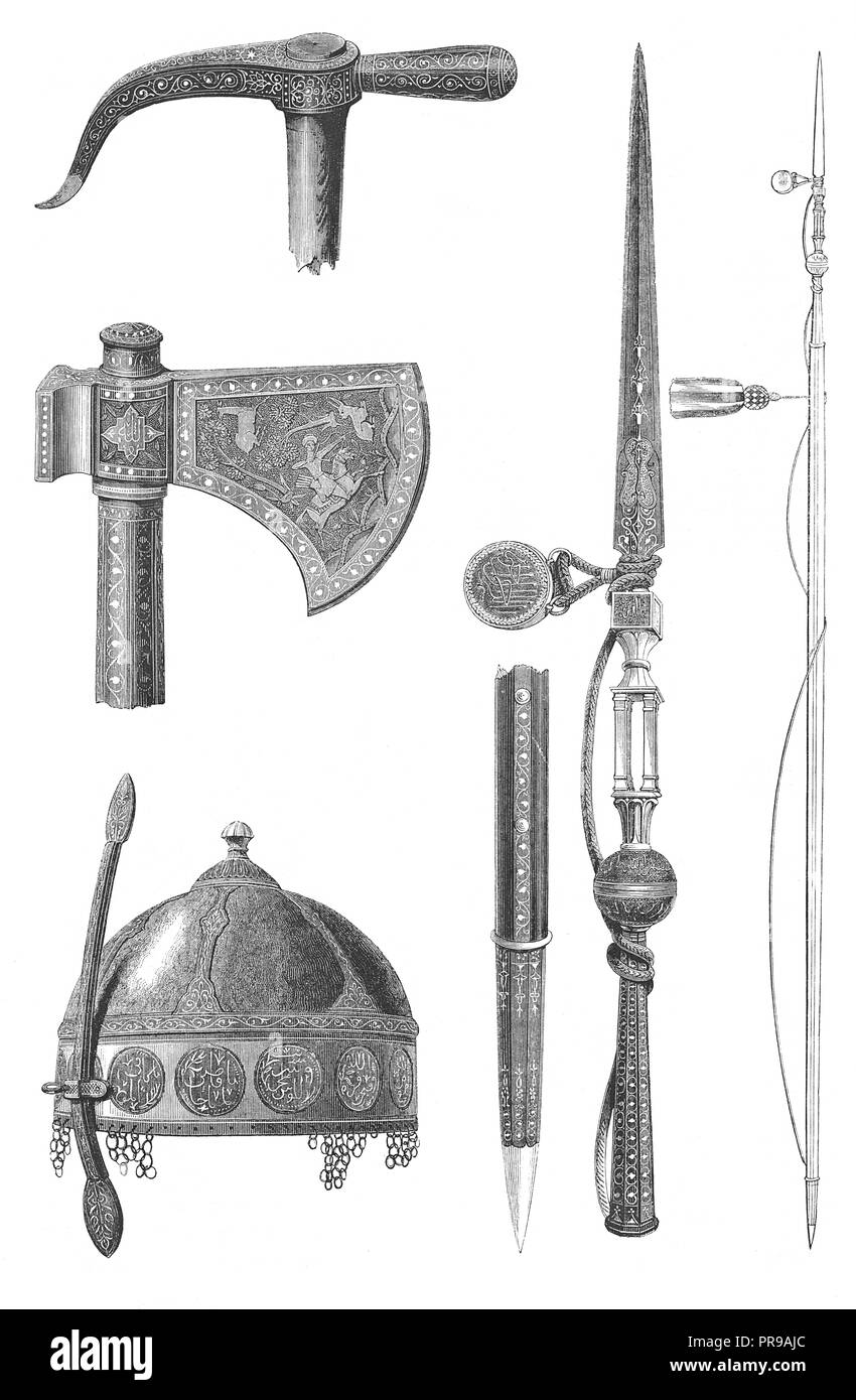19th century illustration of an ax, helmet, spear - armor of Touman Bey ...