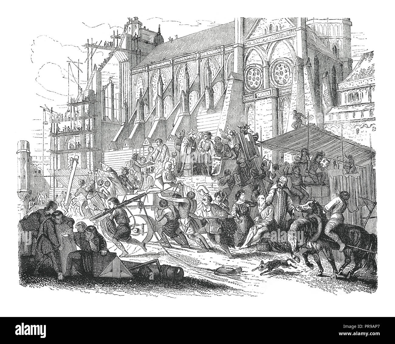 19th century illustration of Construction of the Cathedral of ...