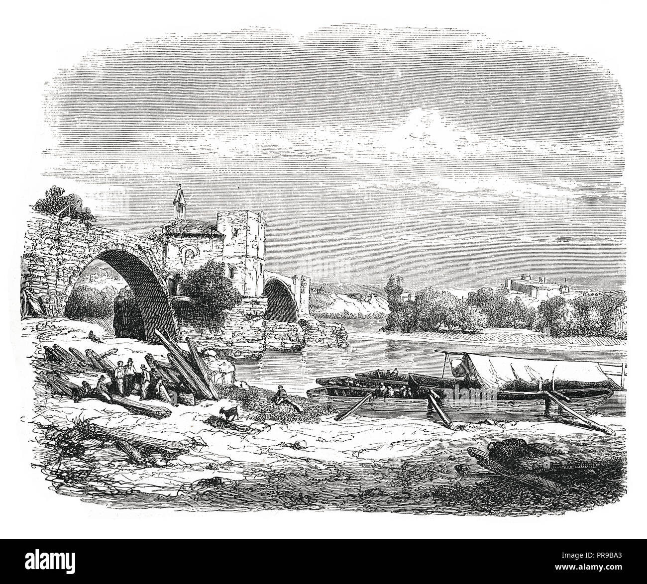 19th century illustration of ruins' bridge St. Benezel, in Avignon, by ...