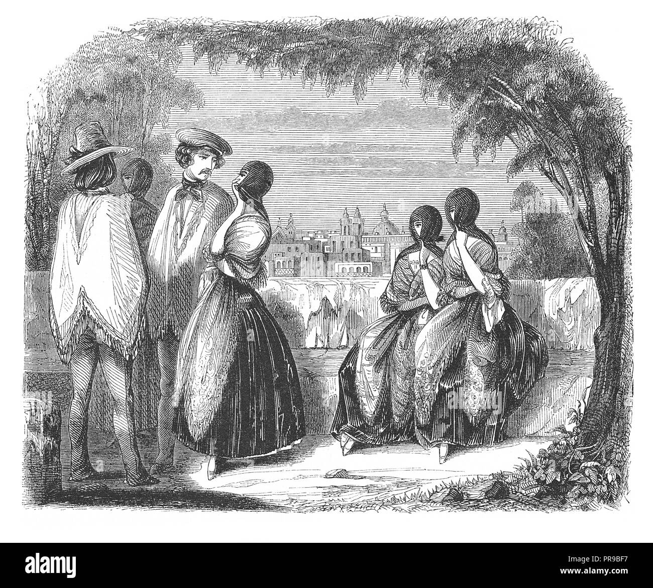 19th century illustration of traditional costumes at Lima. Drawing by ...