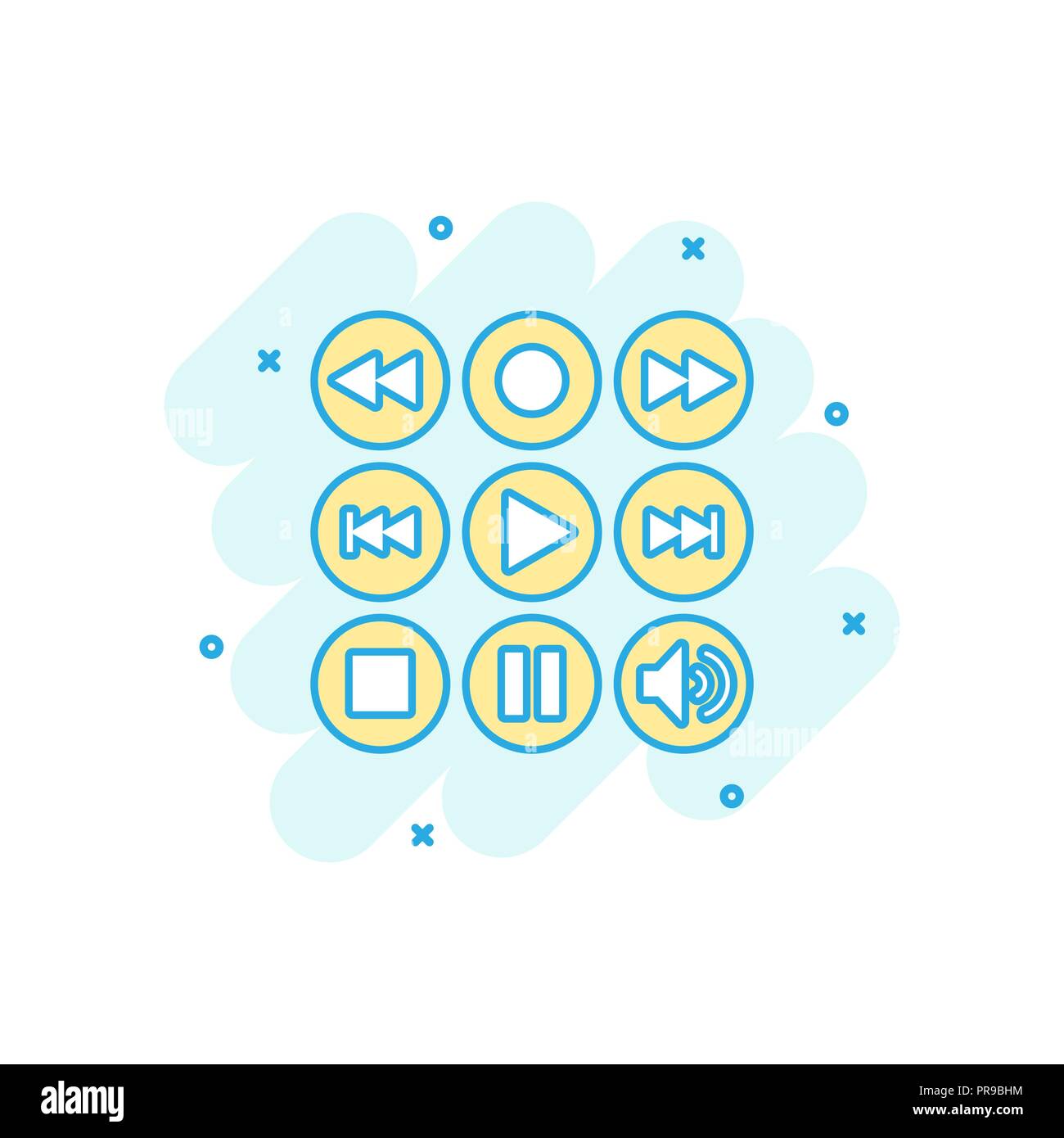 Cartoon colored media symbol icon in comic style. Play sign ...