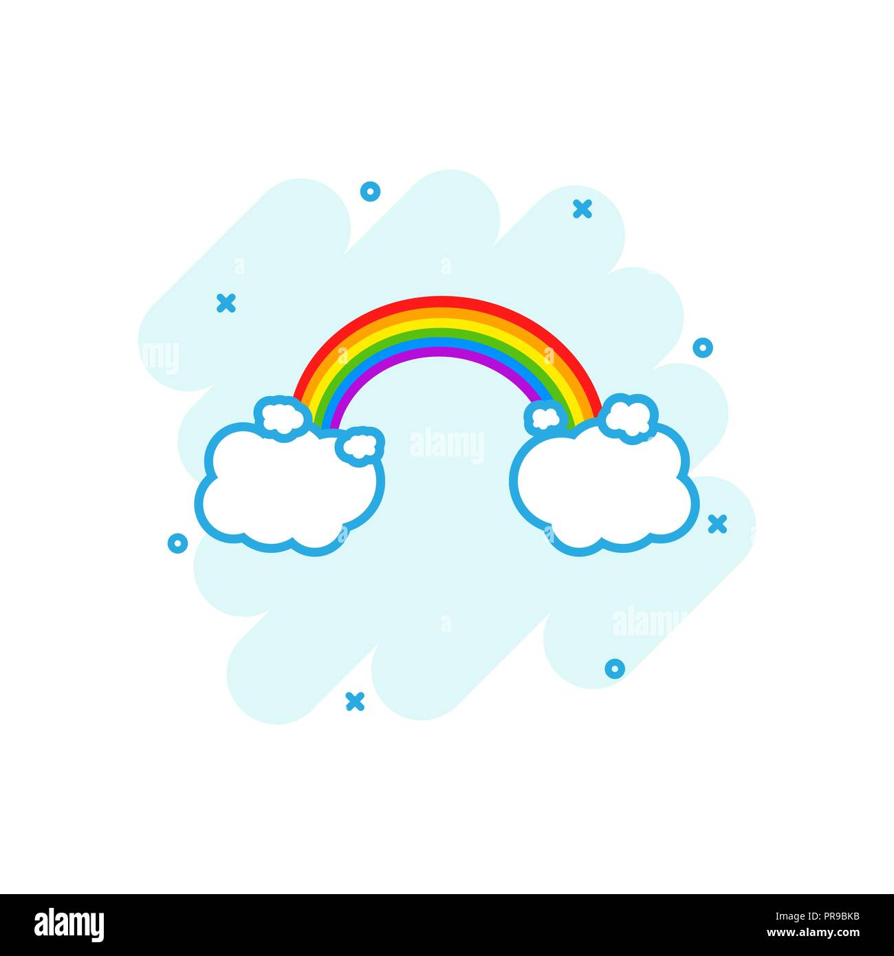 Cartoon colored rainbow with clouds icon in comic style. Weather ...