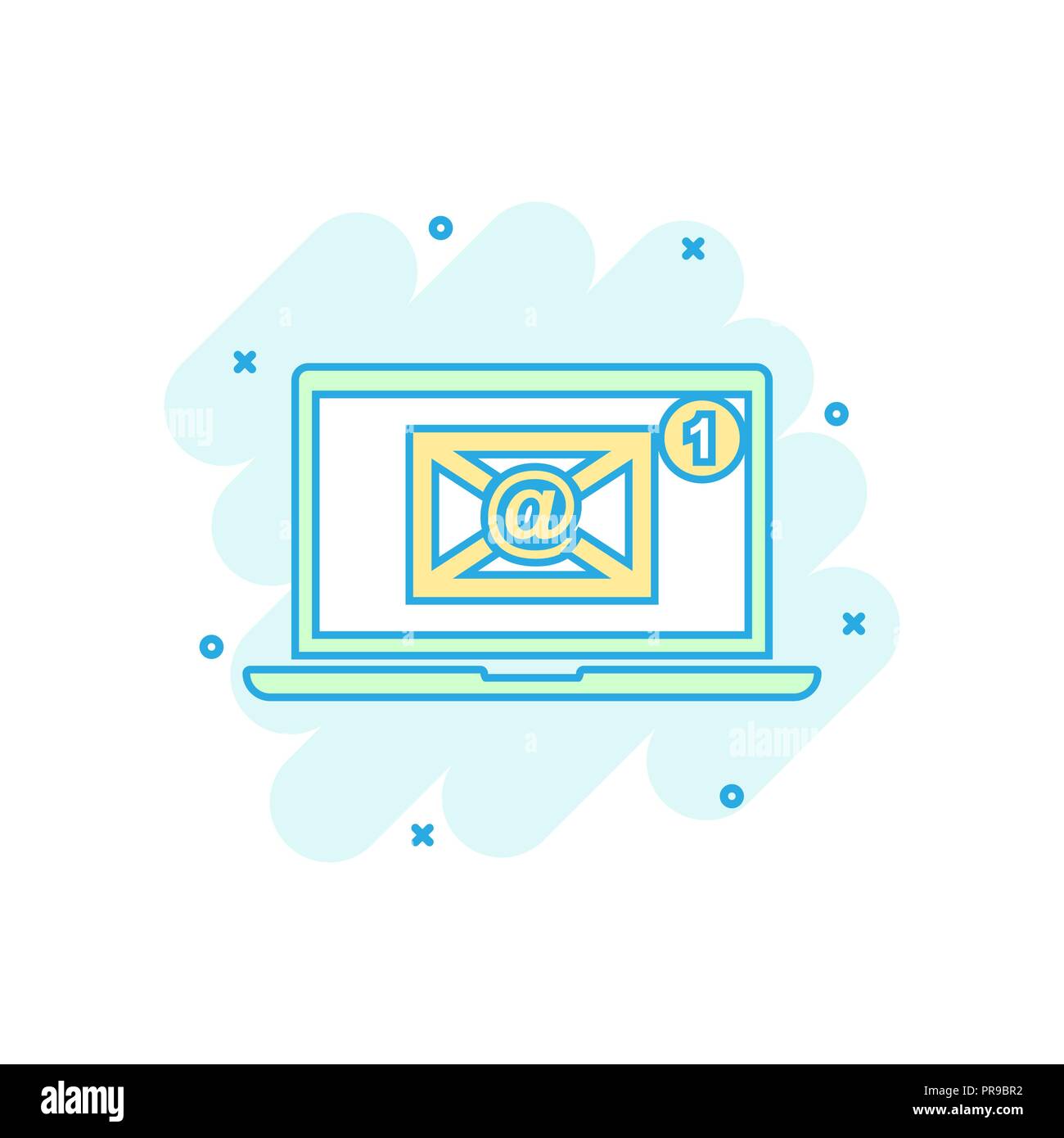 Cartoon colored email envelope message on laptop icon in comic style ...