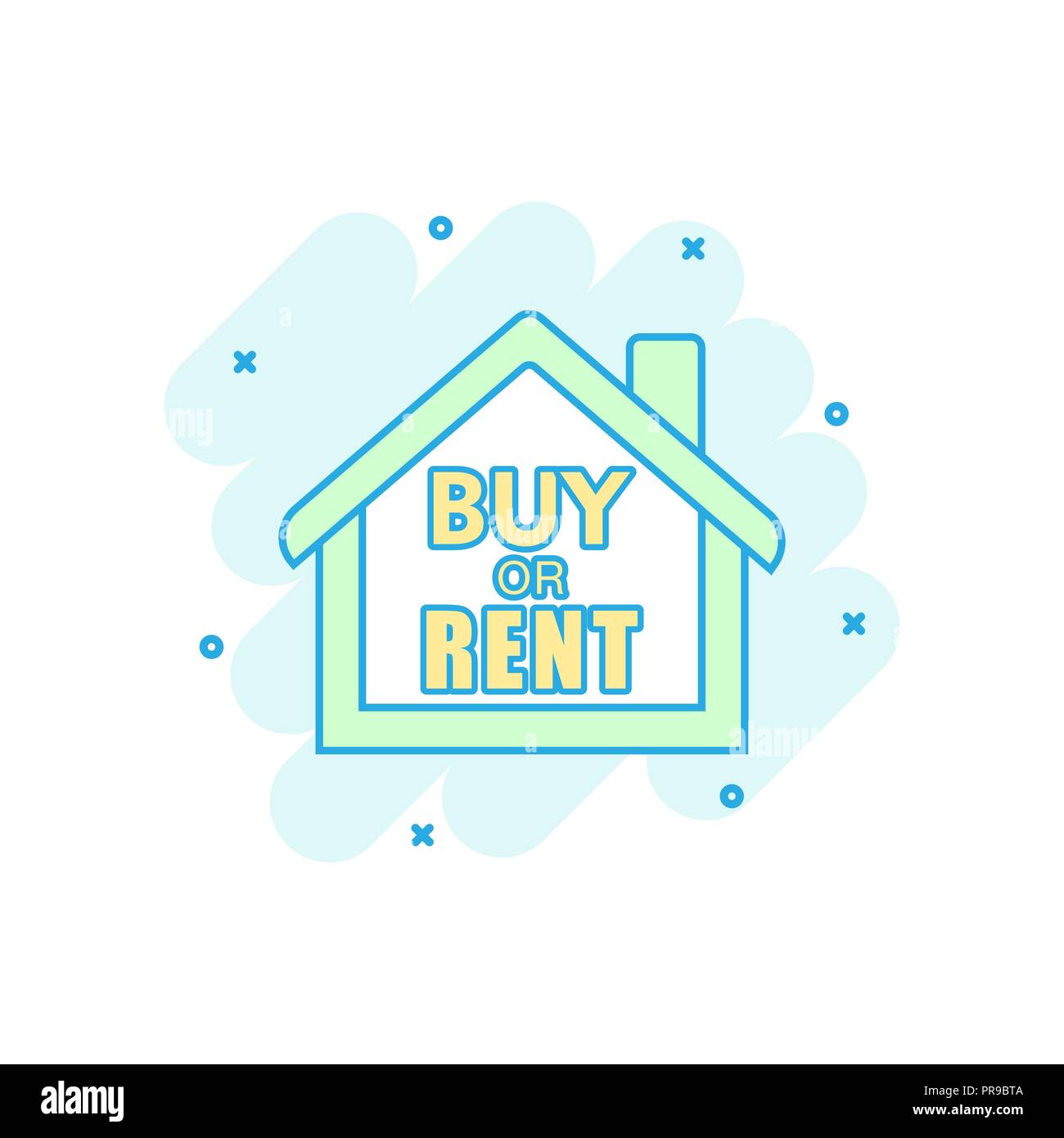 Cartoon colored buy or rent house icon in comic style. House ...