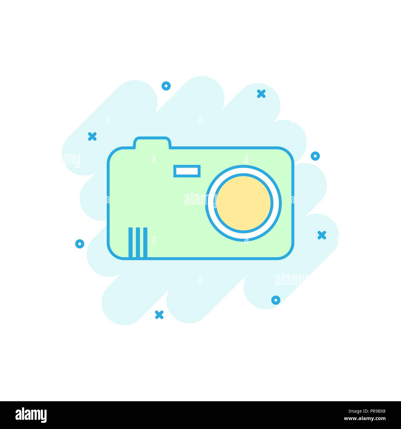 Cartoon colored photo camera icon in comic style. Photographer cam ...