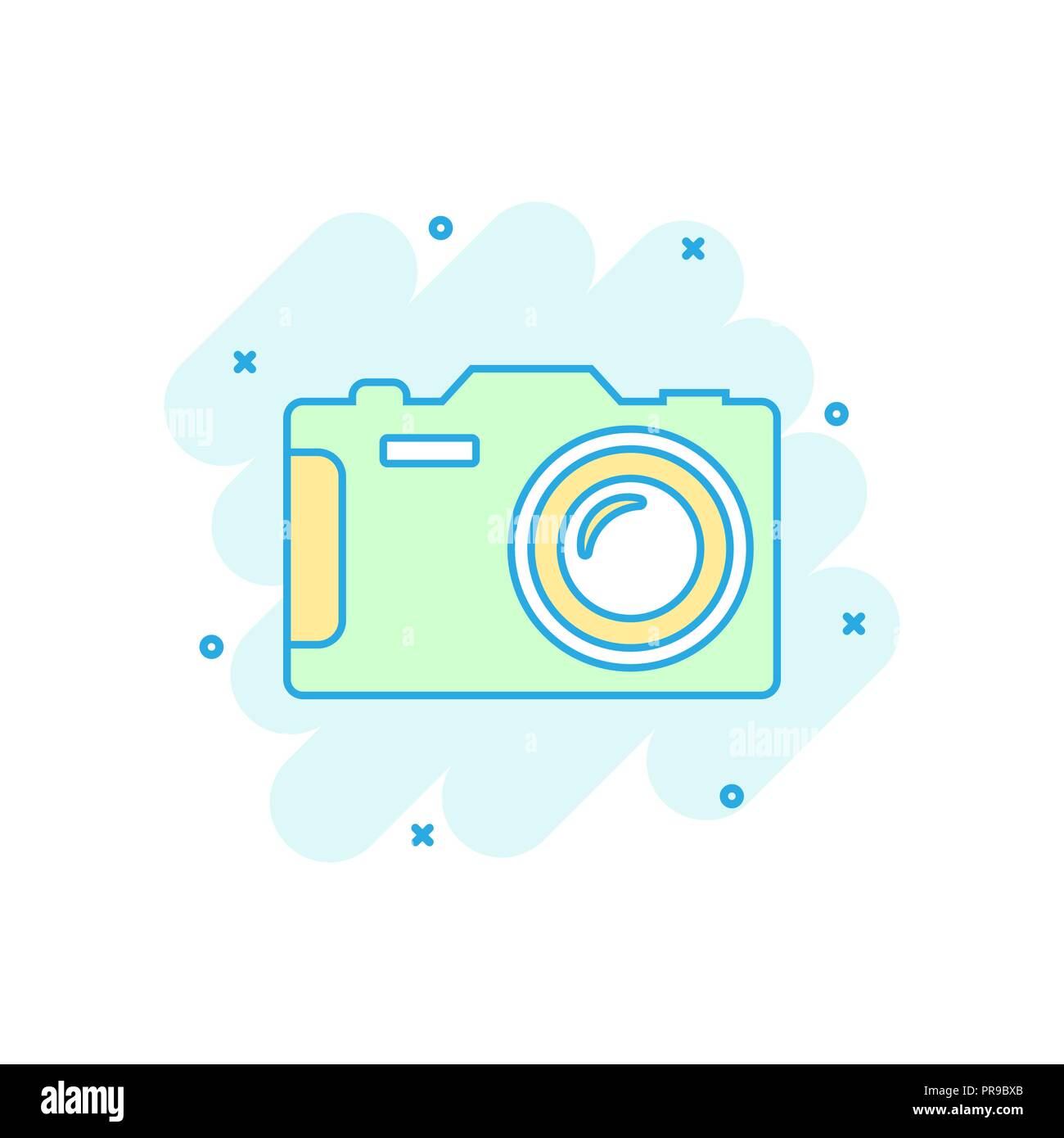Cartoon colored photo camera icon in comic style. Photographer cam ...