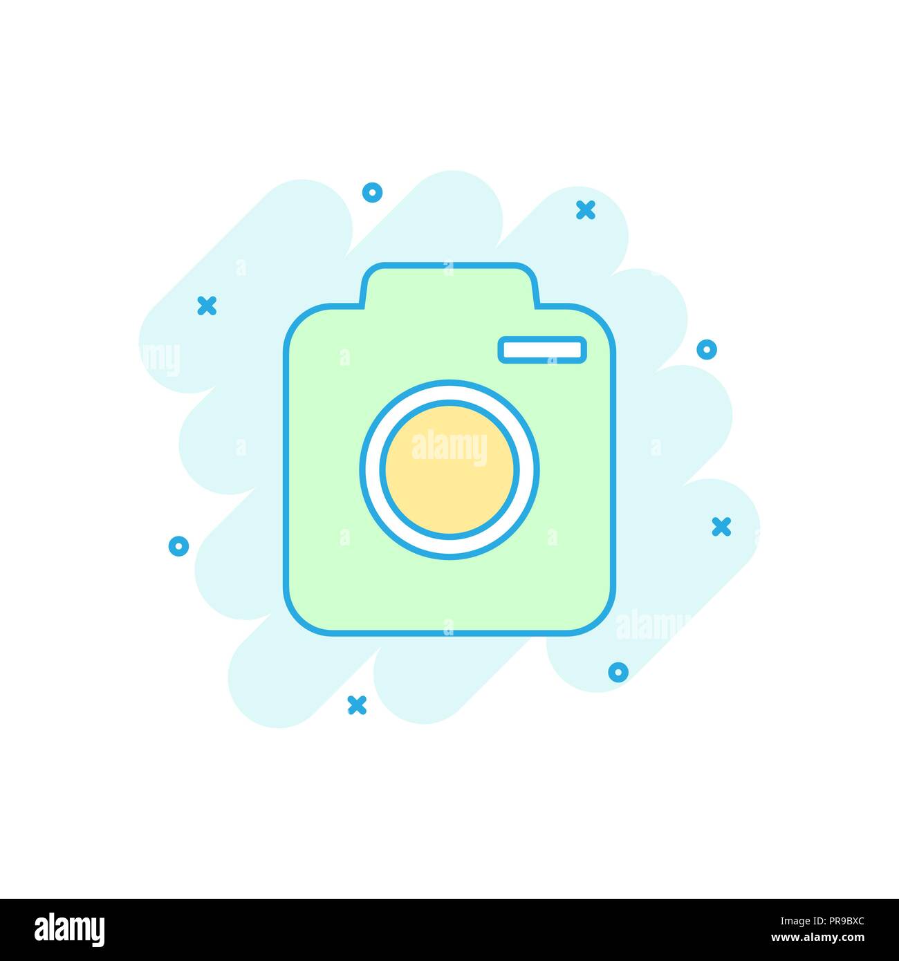 Cartoon colored photo camera icon in comic style. Photographer cam ...
