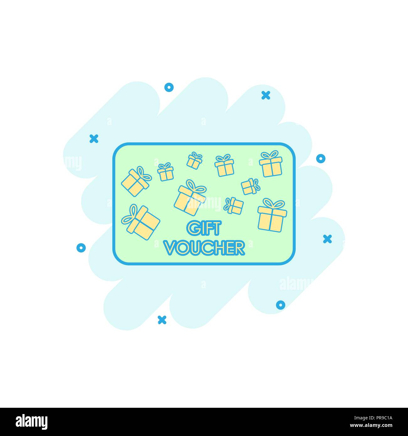 Cartoon colored gift card icon in comic style. Gift voucher present ...