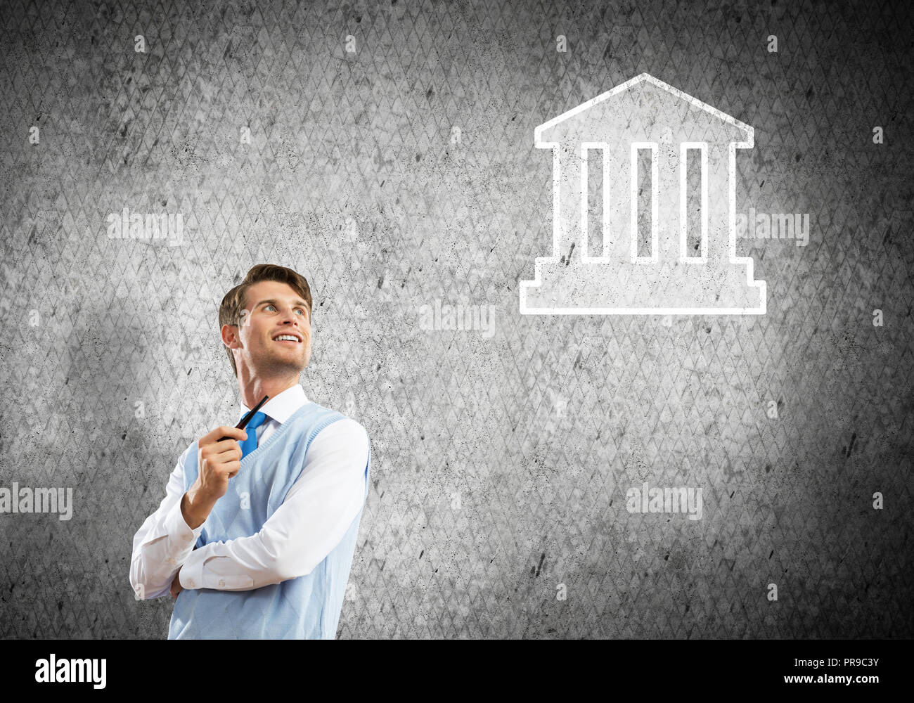 Elegant banker wearing red tie and house sign as banking concept Stock ...