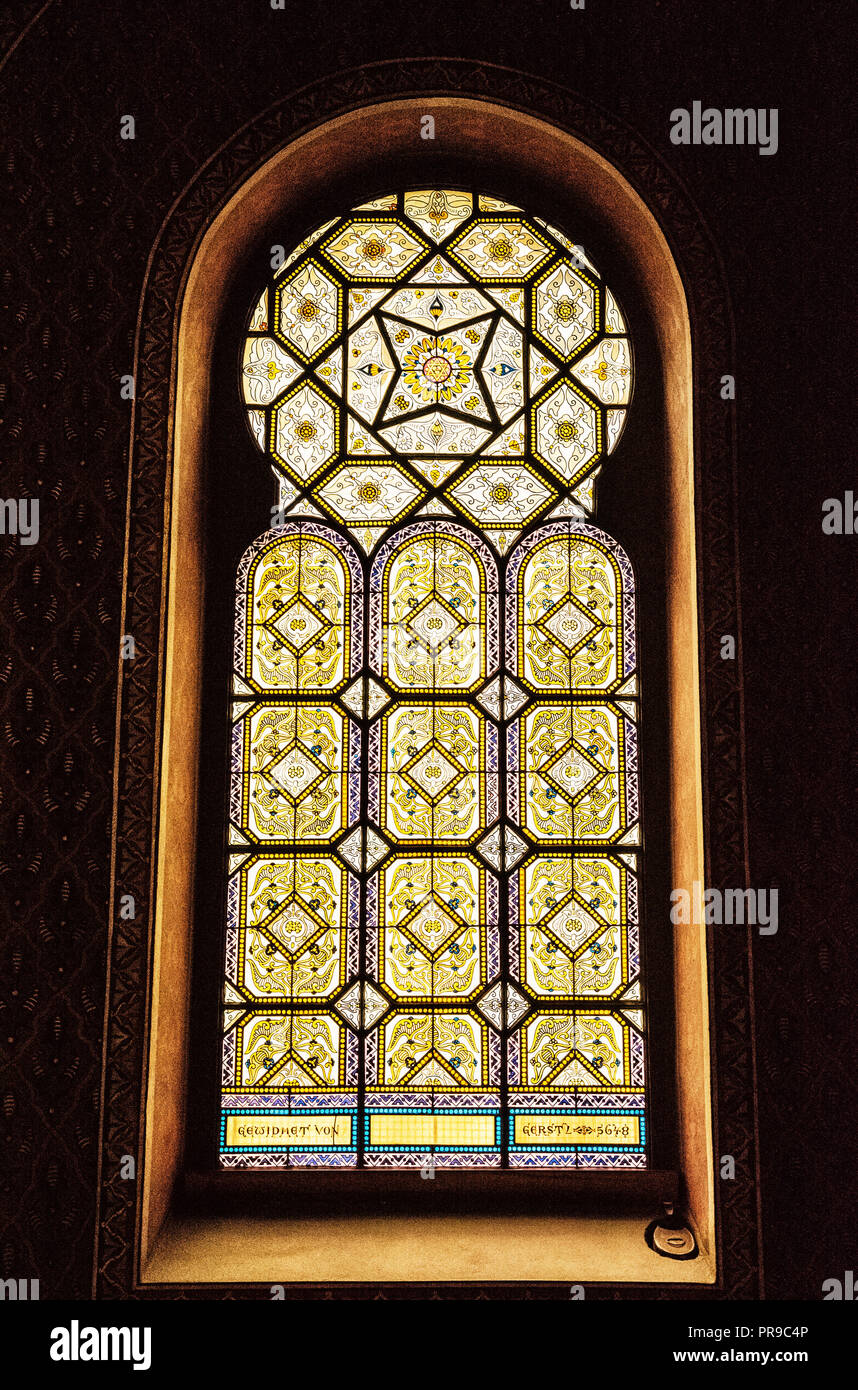 Artistic window in Spanish synagogue, Prague, Czech Republic. Religious ...