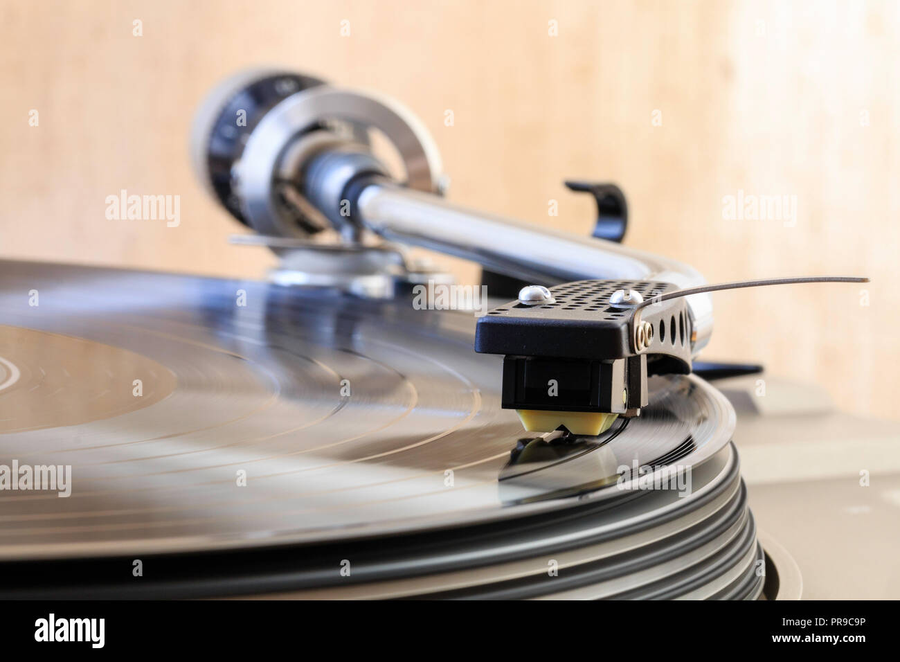 Record player, deck. 'S' shape tone arm playing long player record, LP ...