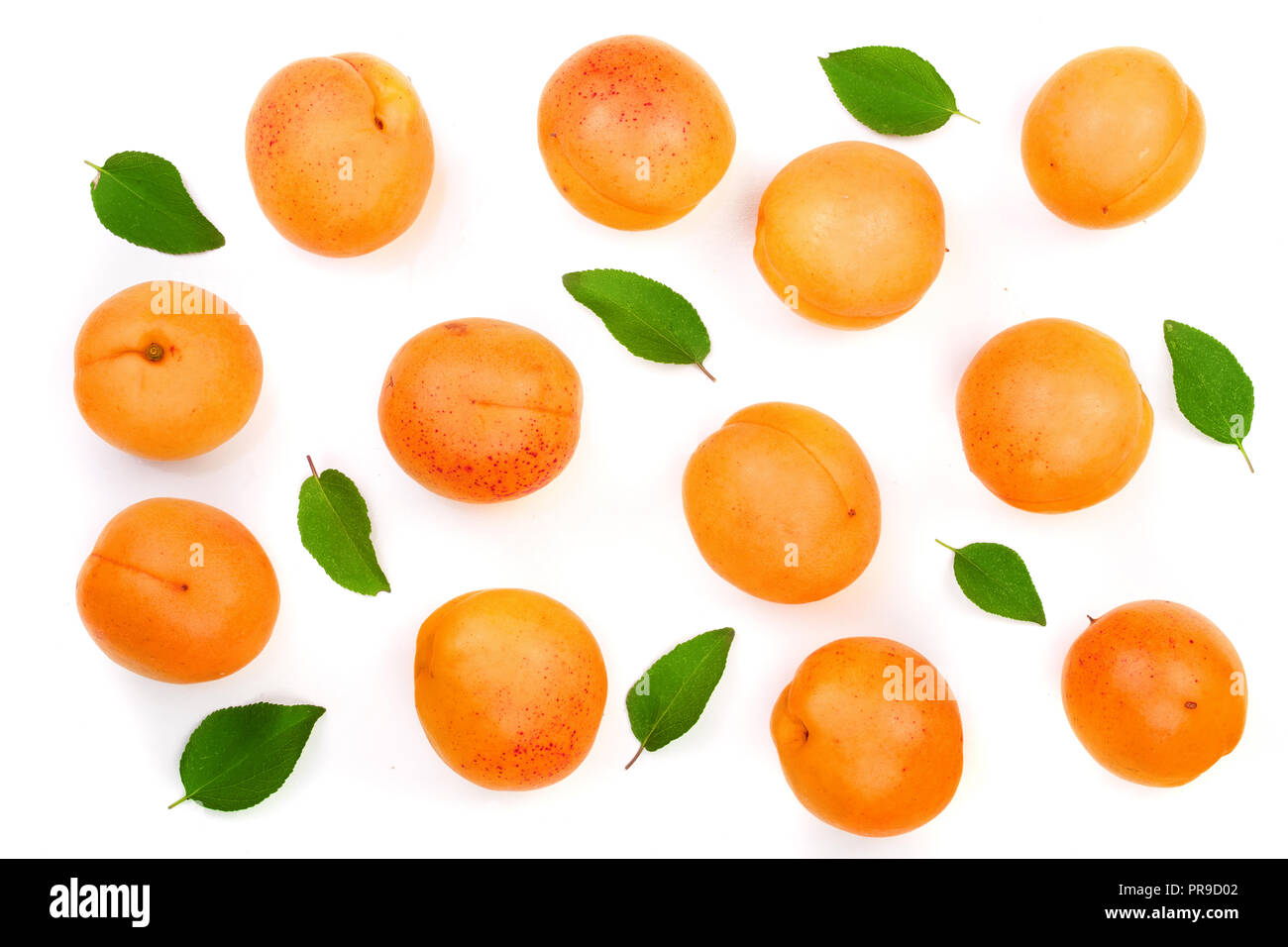 Apricot fruits with leaves isolated on white background. Top view. Flat ...