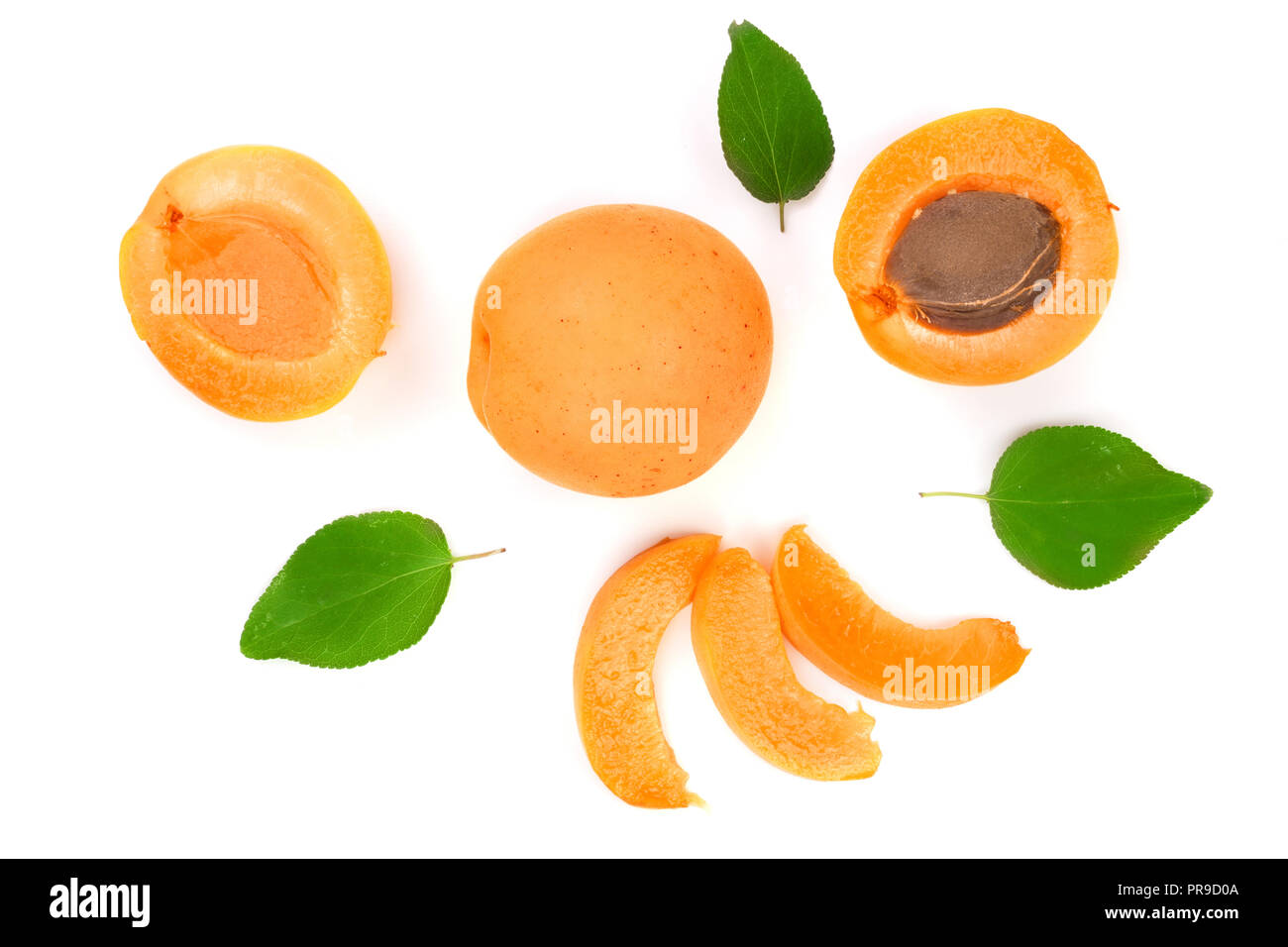 Apricot fruits with leaves isolated on white background. Top view. Flat ...