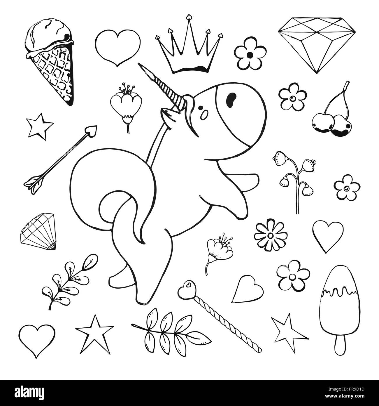 Sketch unicorn with various cute objects isolated on white background ...