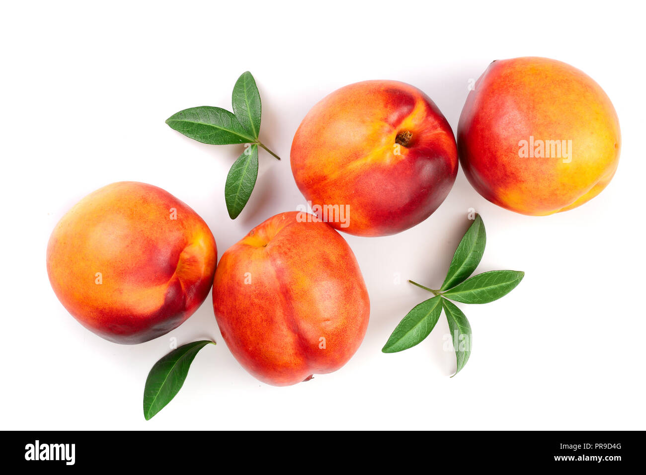 ripe nectarine with leaves isolated on white background. Top view. Flat ...