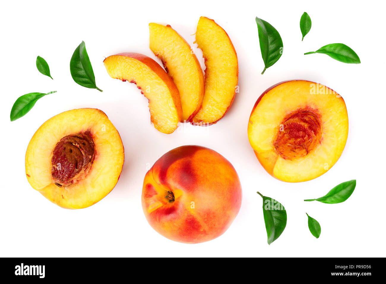 ripe nectarine with leaves isolated on white background. Top view. Flat ...