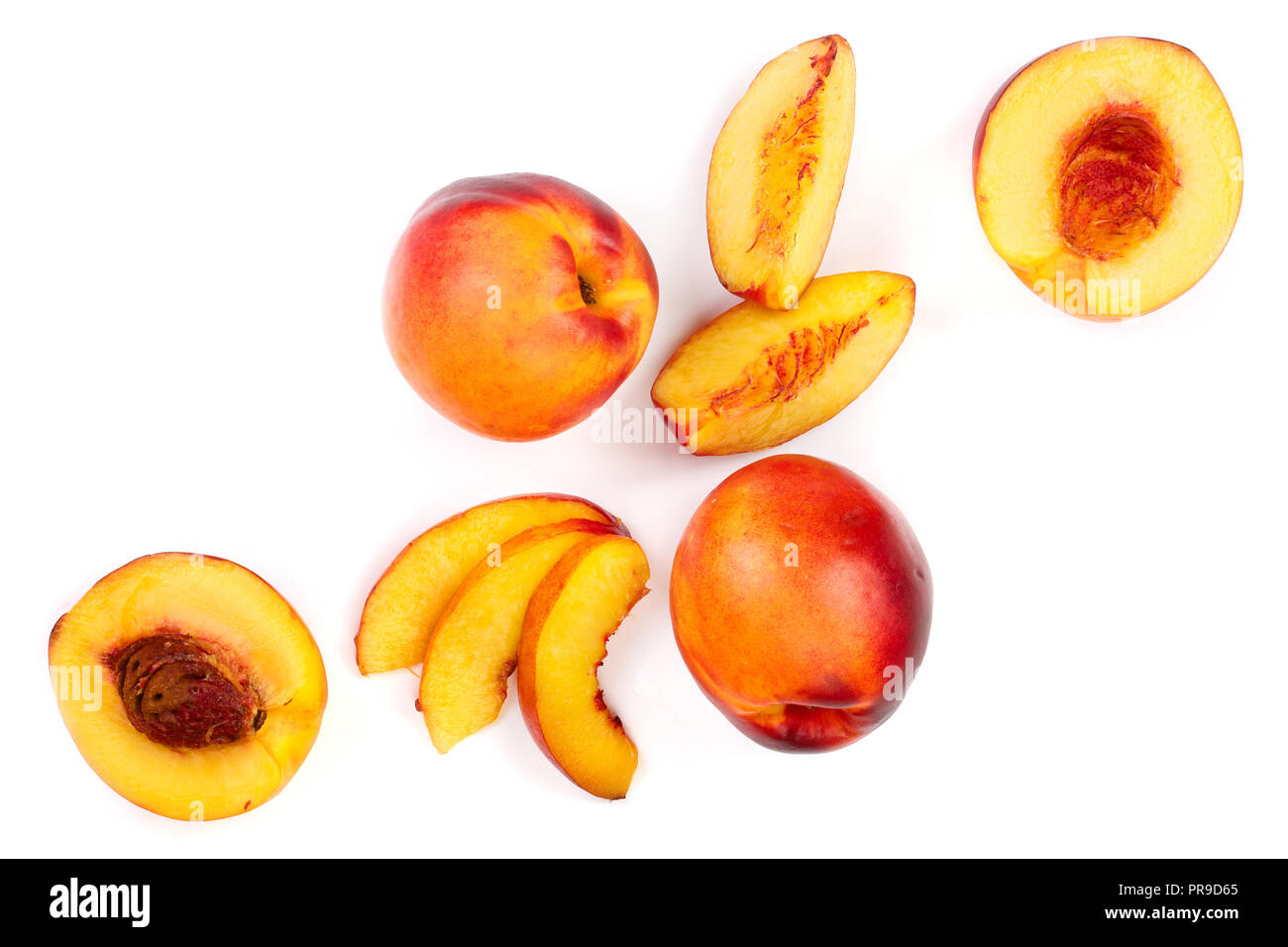 ripe nectarine with leaves isolated on white background with copy space ...