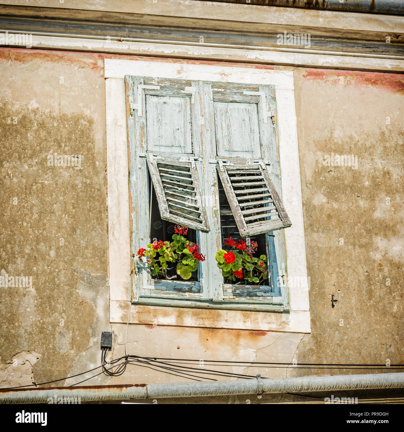 Old window with wooden shutters and red flowers. Architectural theme ...
