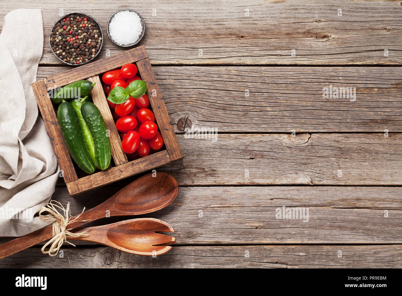 Cooking ingredients. Vegetables and spices. Top view with space for ...