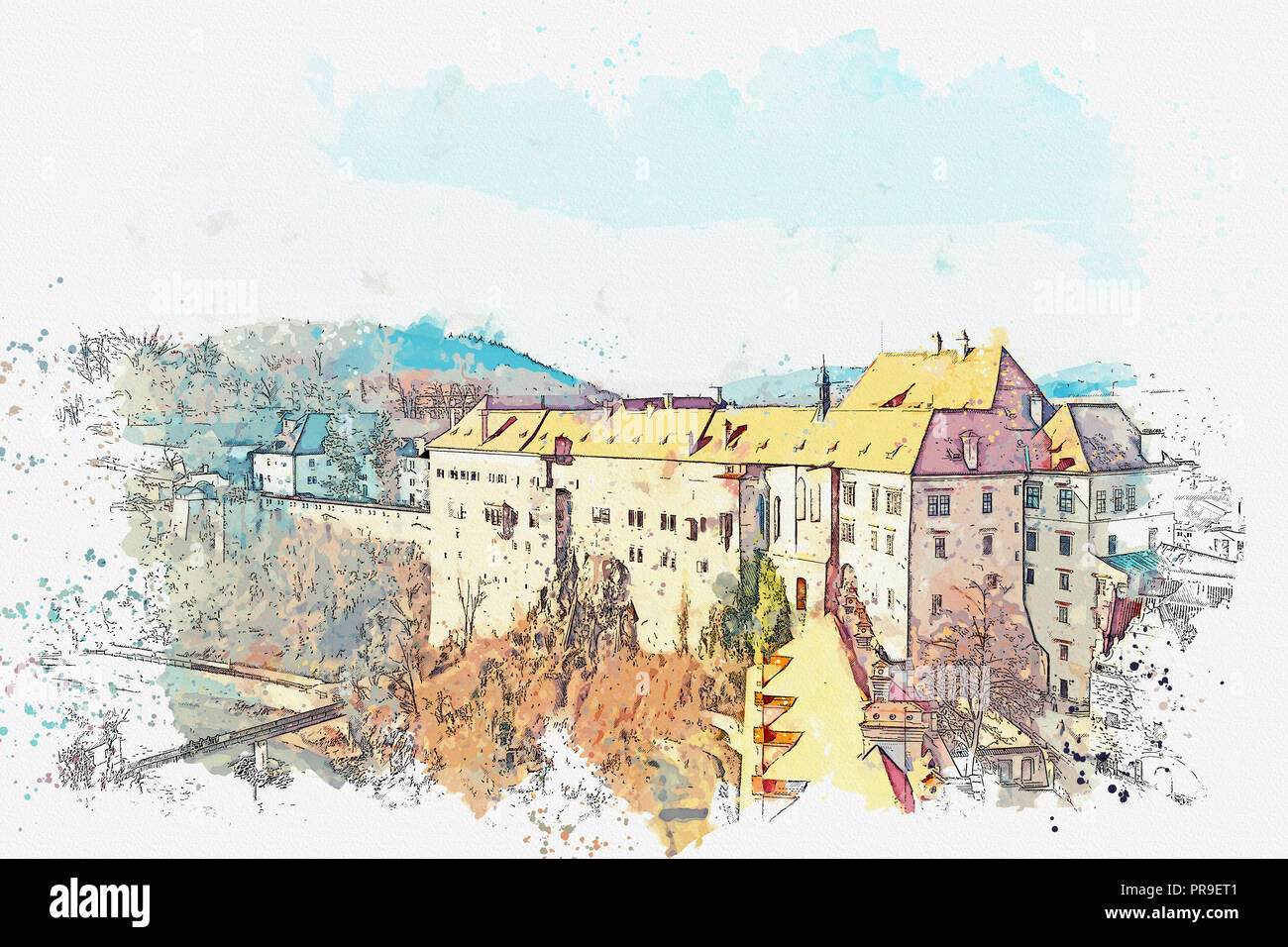 A watercolor sketch or an illustration of traditional architecture in ...