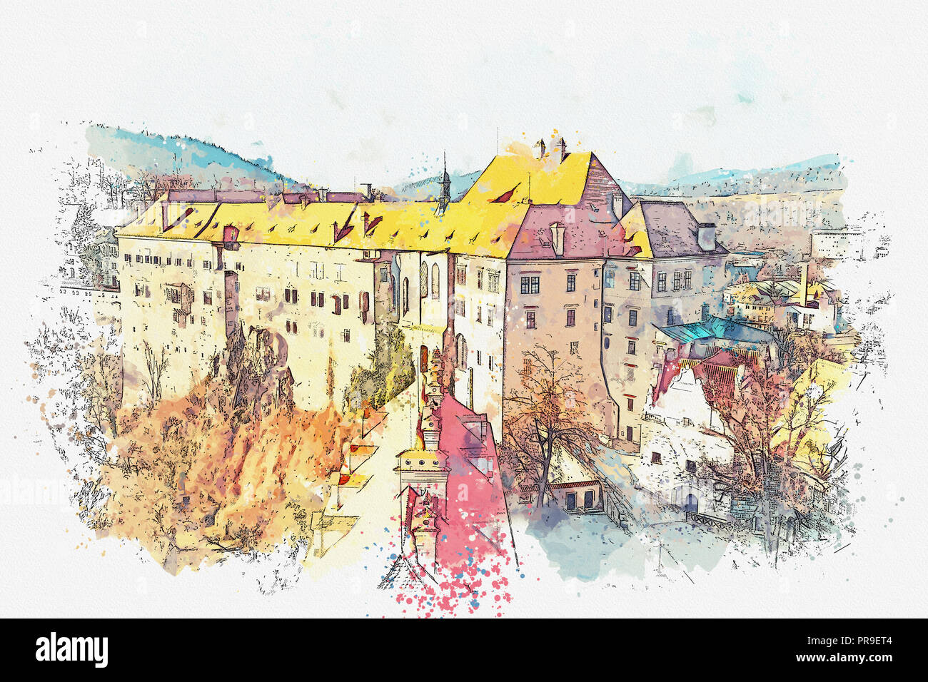 A watercolor sketch or an illustration of traditional architecture in ...