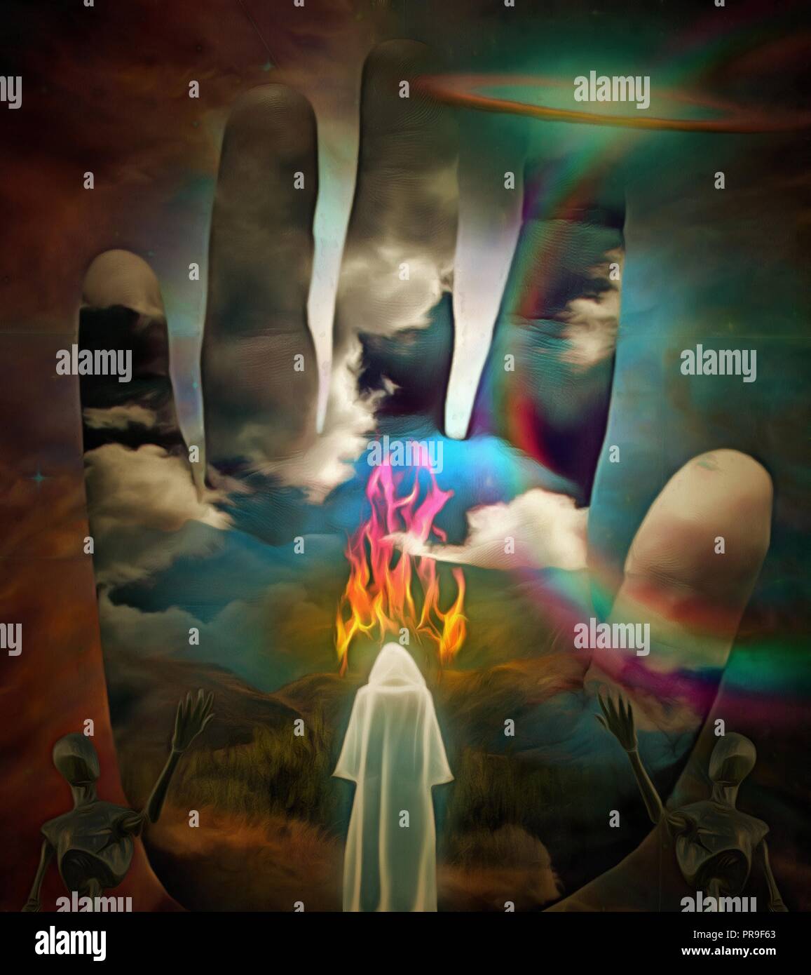 Complex surreal painting. Figure in white cloak with flame above. Two ...