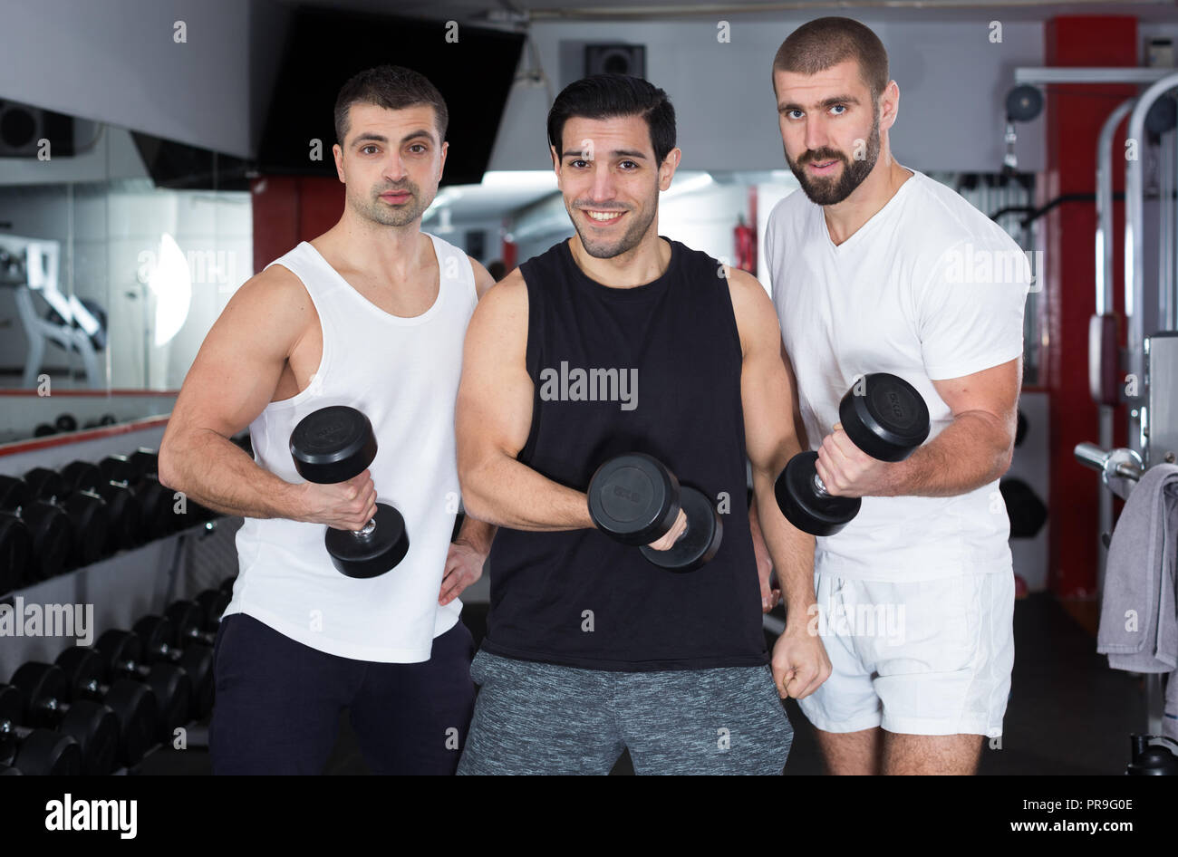Portrait of three positive athletic male friends in modern gym Stock ...
