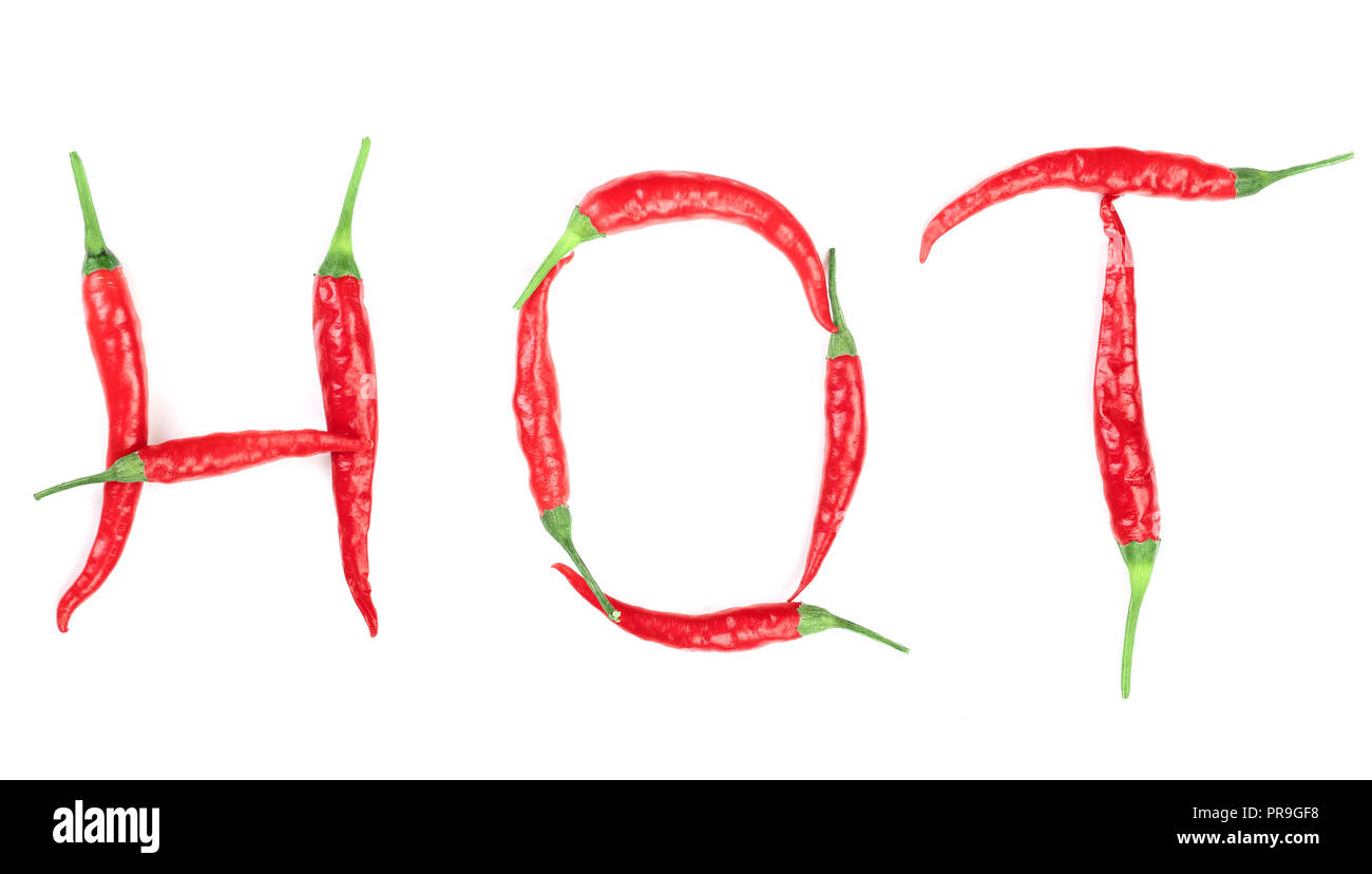 Word hot written from red pepper letters isolated on white background ...