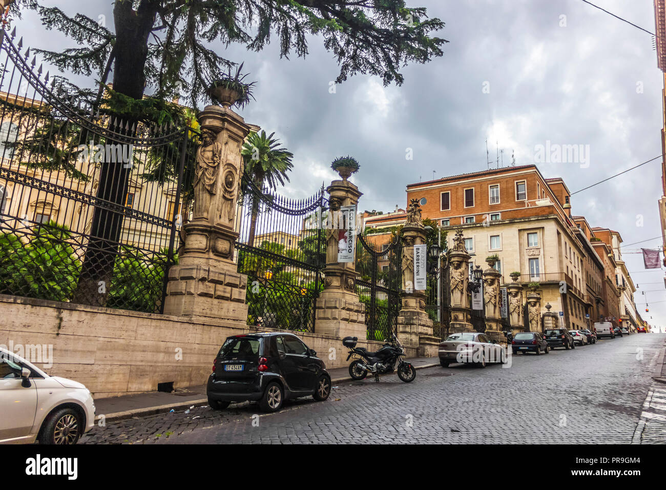 Rome/Italy - August 27, 2018: Palazzo Barberini fence on Via delle ...