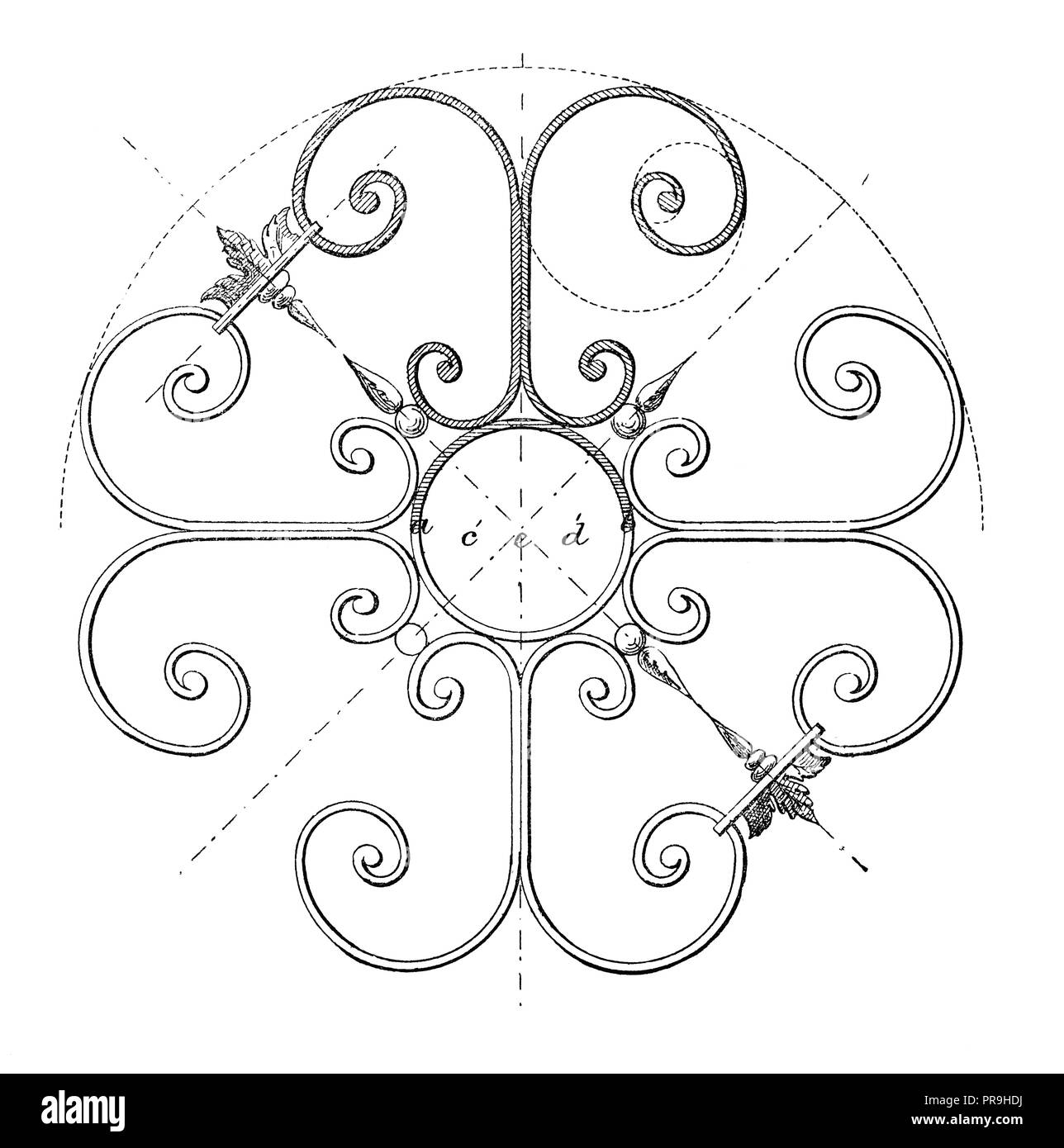 19th century illustration of design of a central ornamental ironwork ...