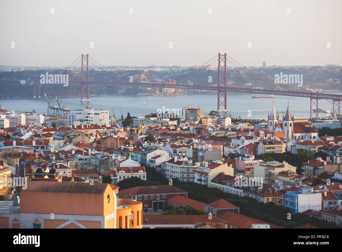 Beautiful super wide-angle aerial view of Lisbon, Portugal with harbor ...
