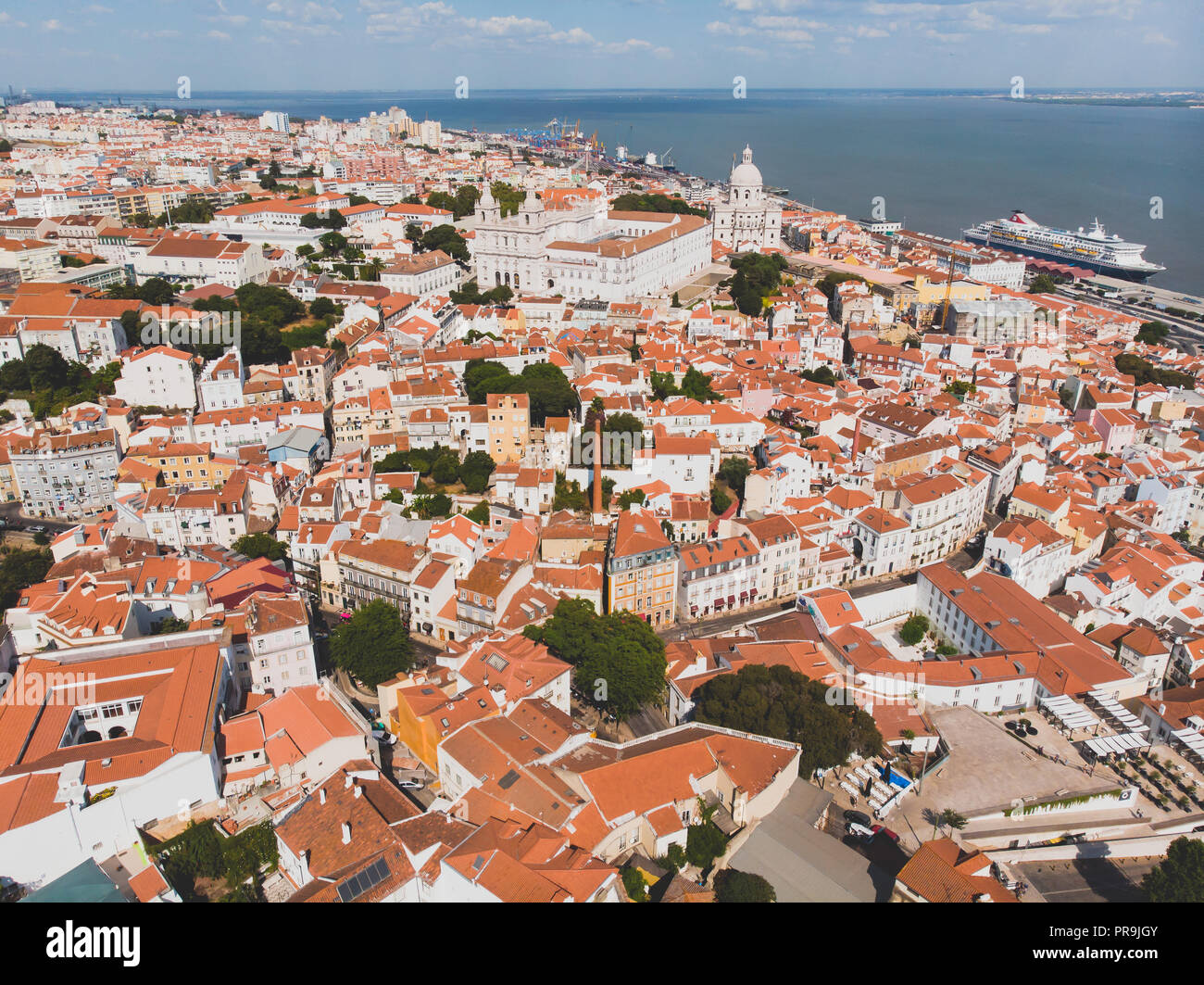 Beautiful super wide-angle aerial view of Lisbon, Portugal with harbor ...