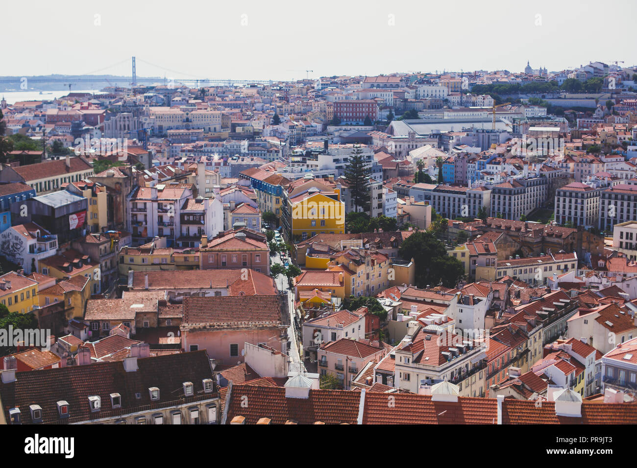 Beautiful super wide-angle aerial view of Lisbon, Portugal with harbor ...