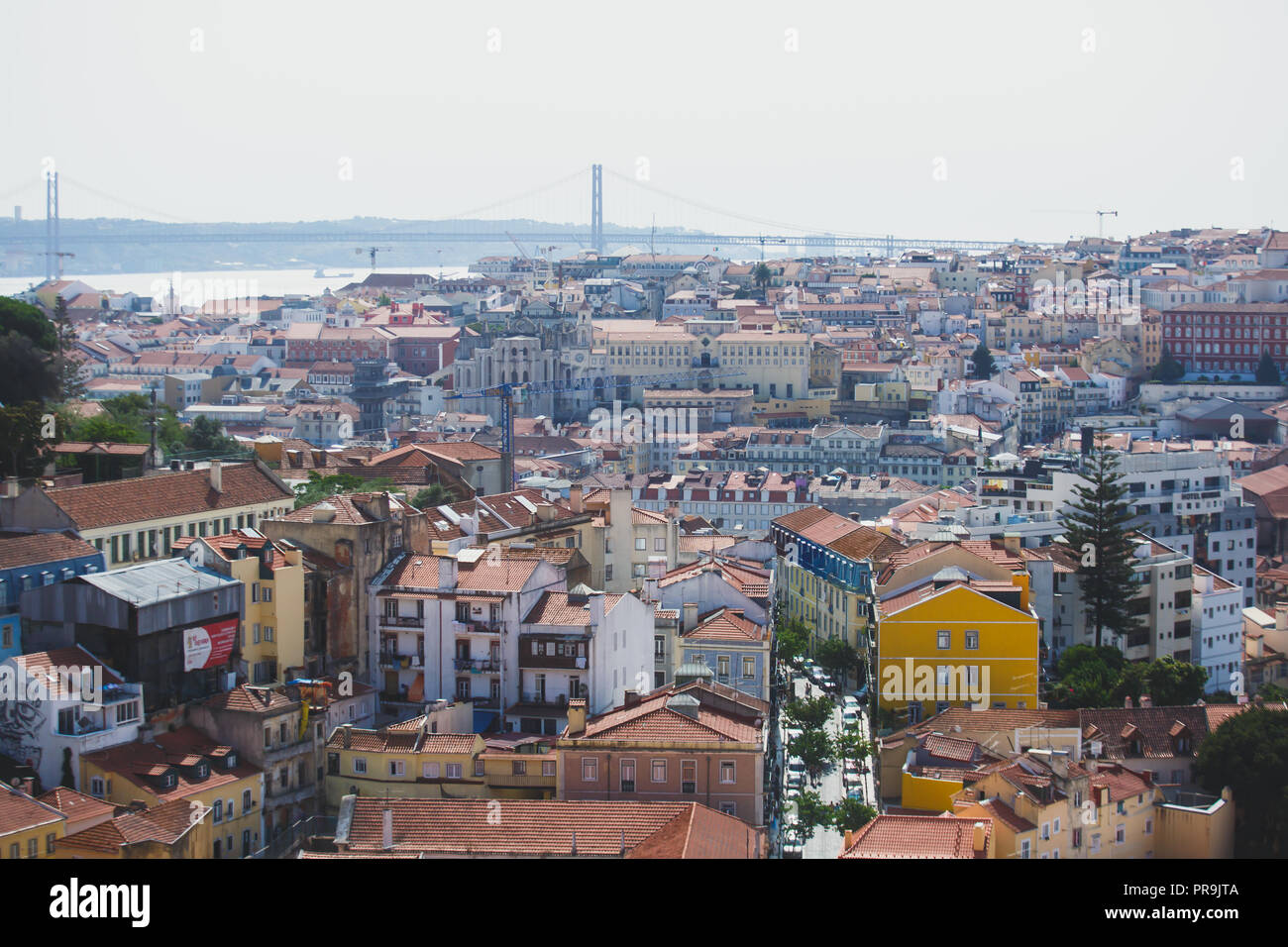 Beautiful super wide-angle aerial view of Lisbon, Portugal with harbor ...