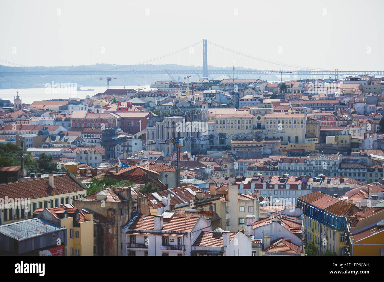 Beautiful super wide-angle aerial view of Lisbon, Portugal with harbor ...