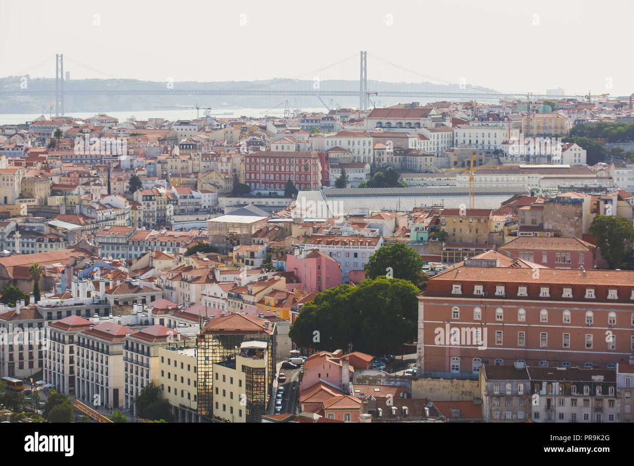 Beautiful super wide-angle aerial view of Lisbon, Portugal with harbor ...