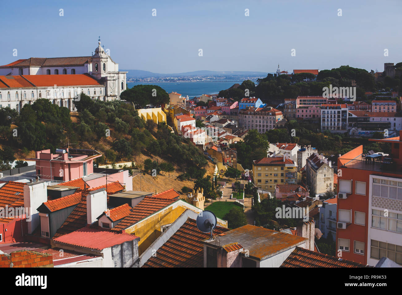 Beautiful super wide-angle aerial view of Lisbon, Portugal with harbor ...